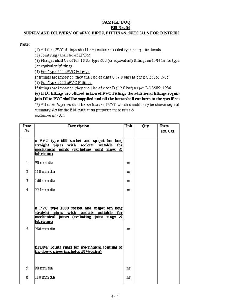 Bill No. 04 - Supply and Delivery of UPVC Pipes, Fittings, Specials ...