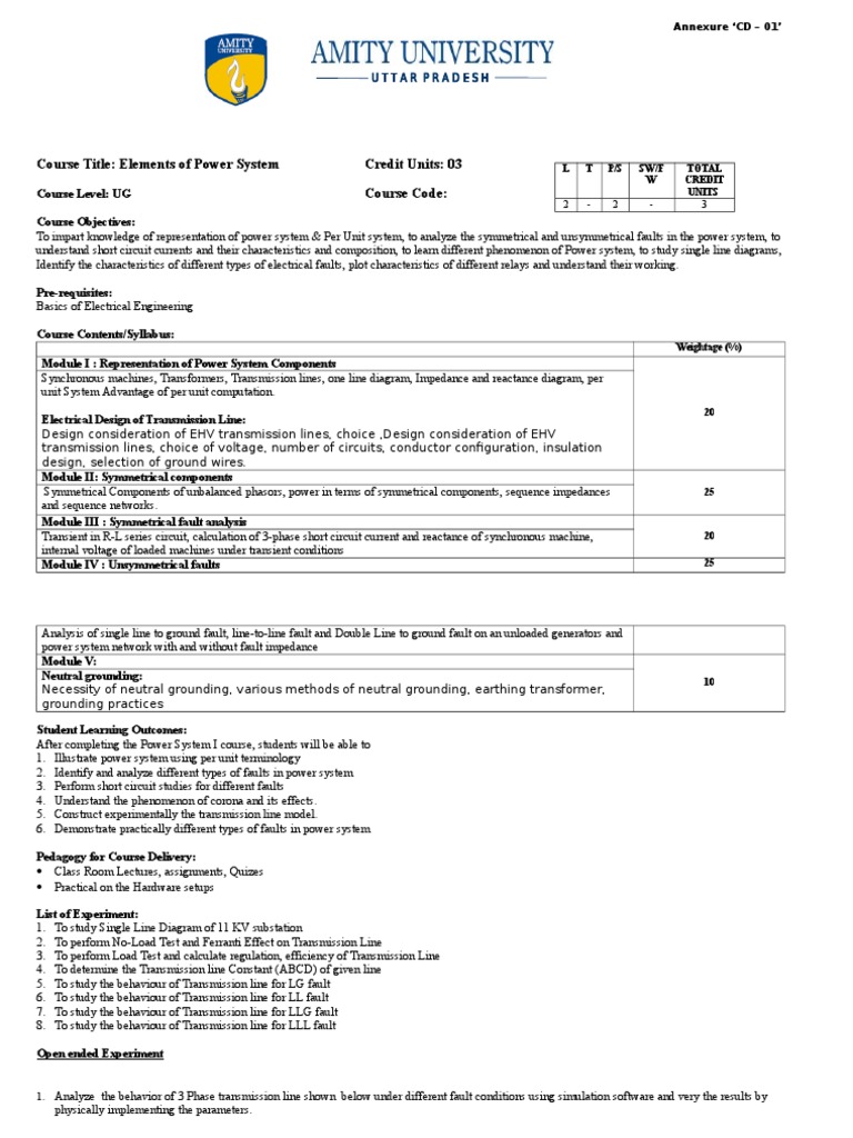 Course Title: Elements of Power System Credit Units: 03 Course Code ...