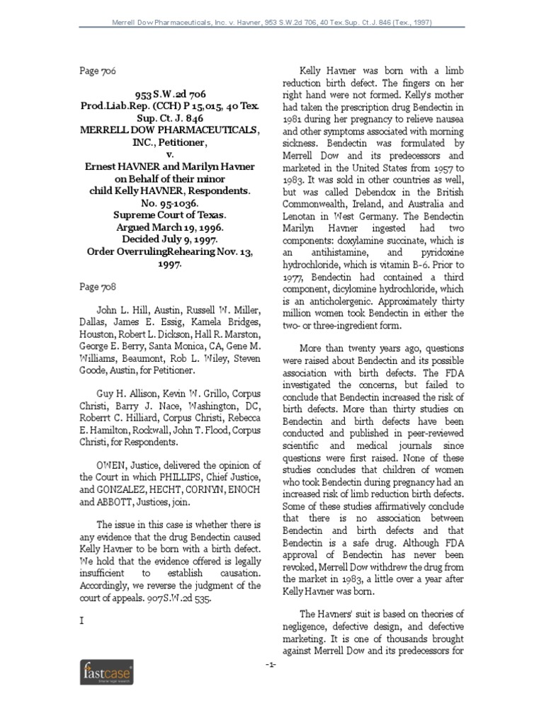 Merrell Dow Pharmaceuticals, Inc. v. Havner, 953 S.W.2d 706, 40 Tex ...