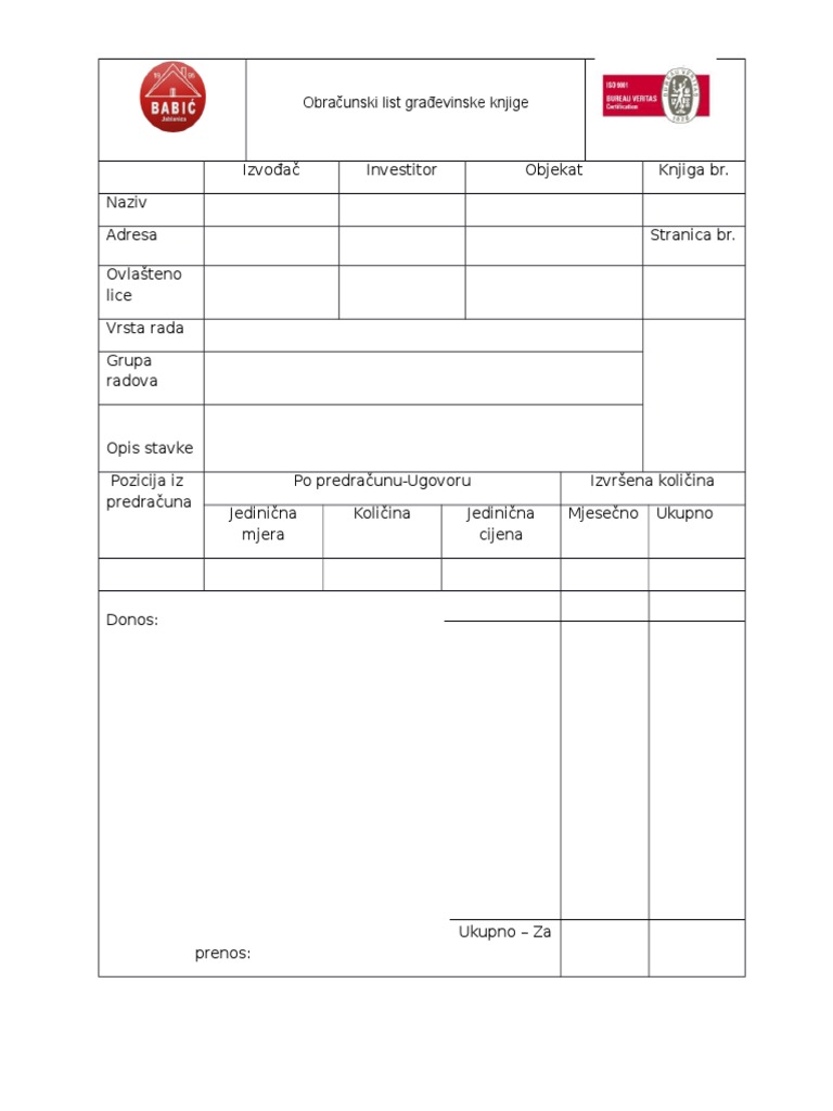 Obračunski List Građevinske Knjige