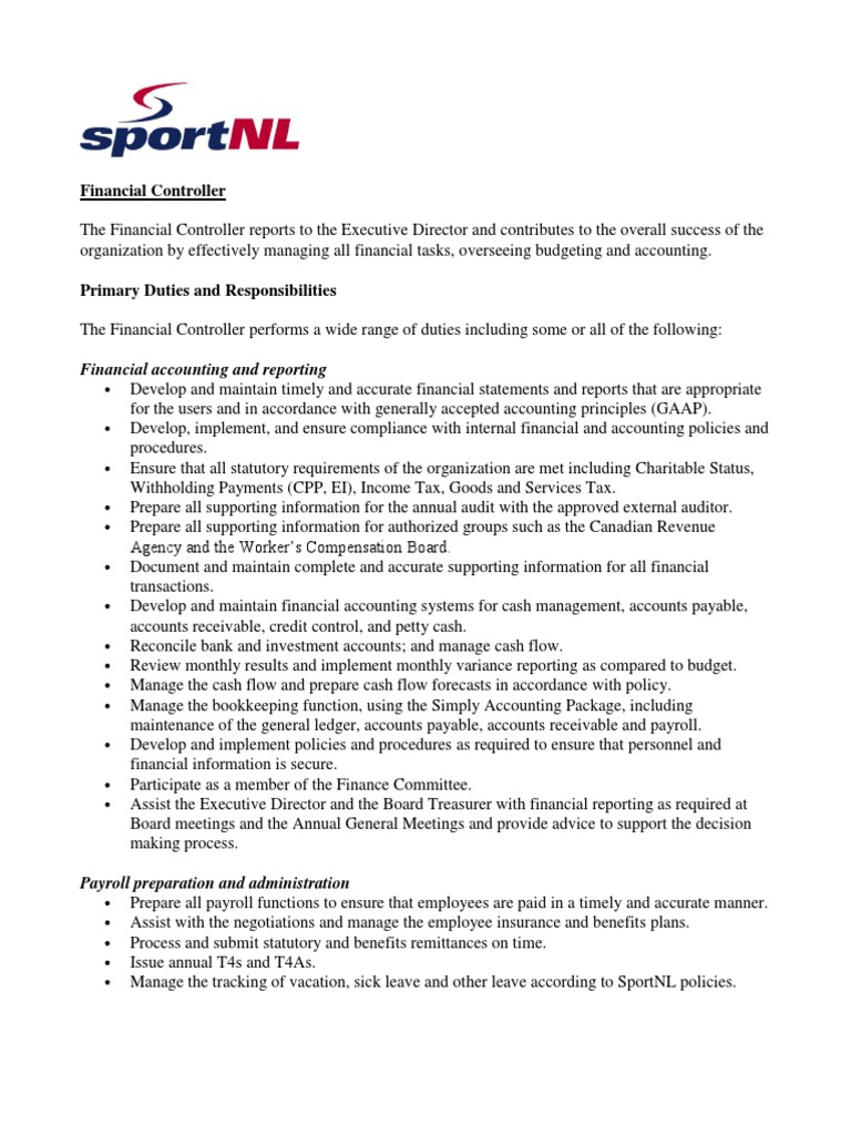 Financial Controller Role Overview | PDF | Payroll | Accounting