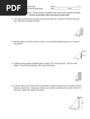 Angles Of Elevation And Depression Worksheet With Answers Tarantamath
