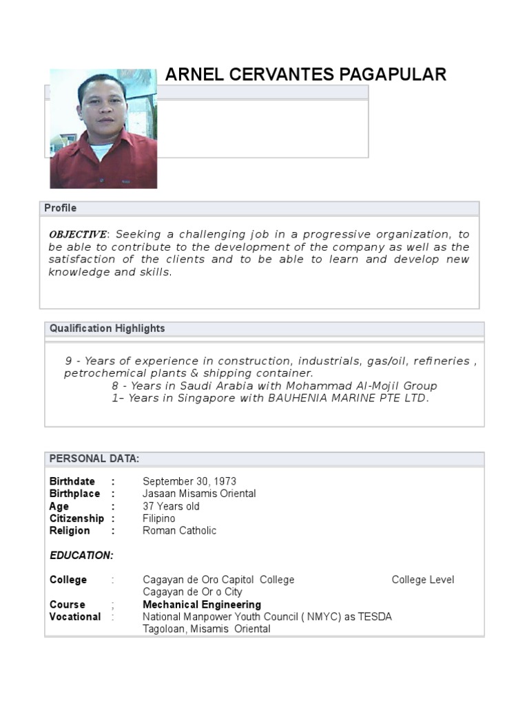 Experienced Filipino Piping Foreman Profile | PDF | Pipe (Fluid ...