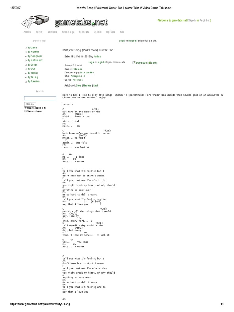 Misty's Song (Pokémon) Guitar Tab - Game Tabs - Video Game Tablature ...