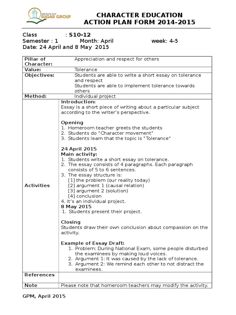 Character Education ACTION PLAN FORM 2014-2015 | PDF