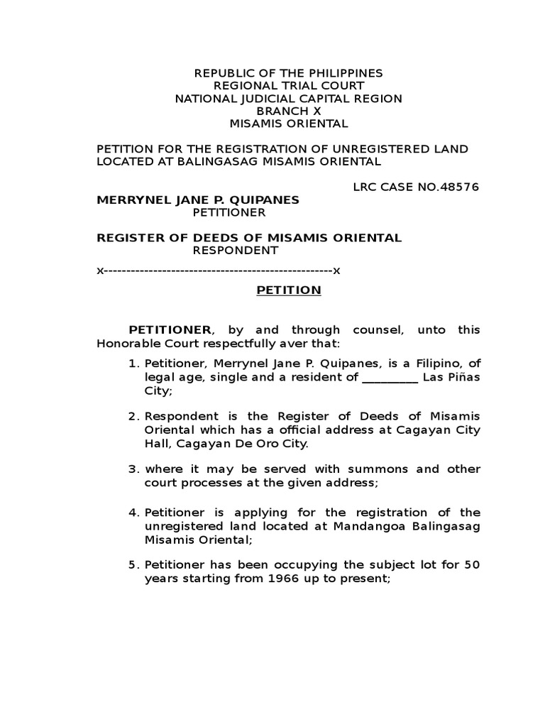 Sample Pleading for Registration of Unregistered Land | Public Law ...