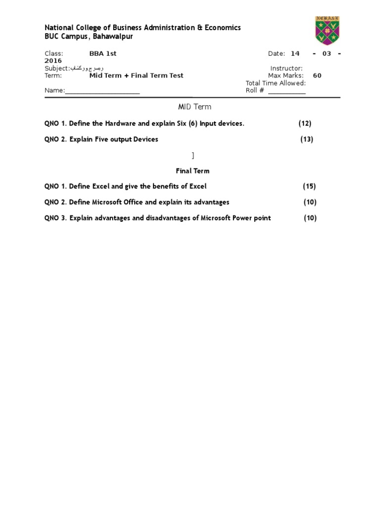 Exam Paper Header Template | PDF