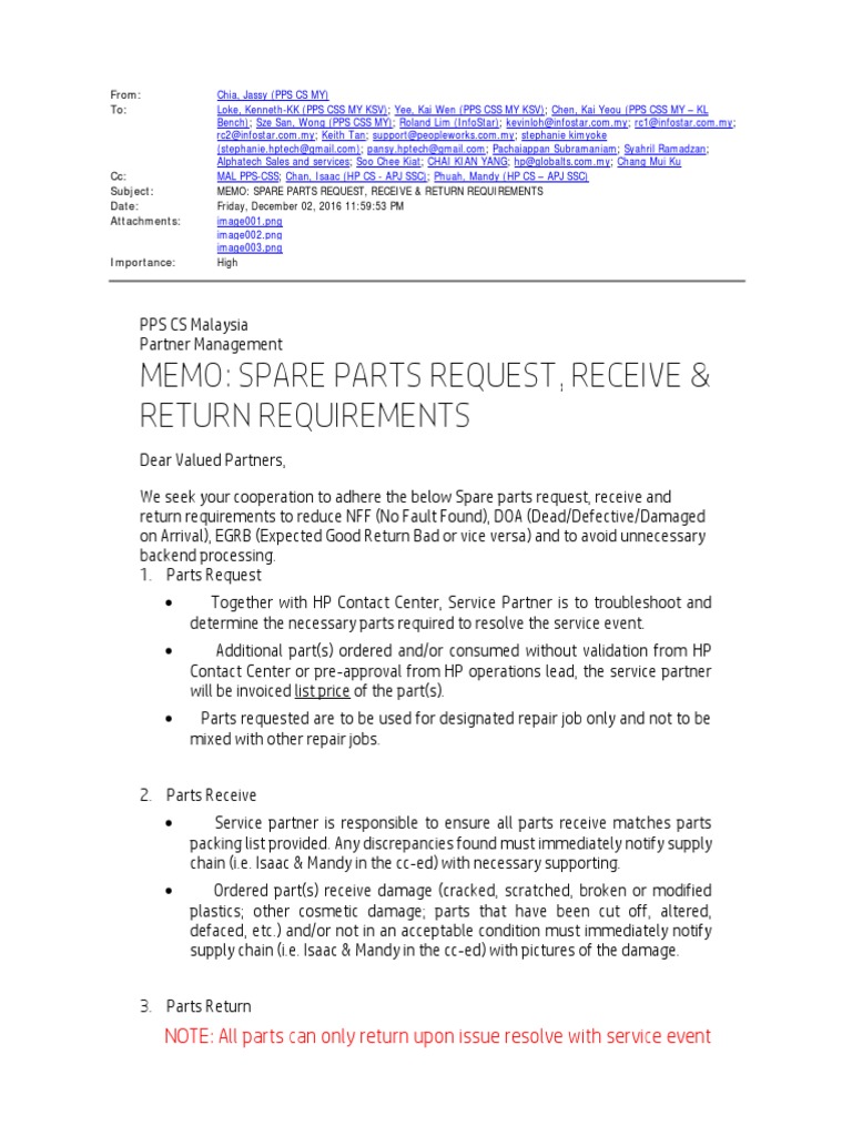 Memo - Spare Parts Request, Receive & Return Requirements | PDF