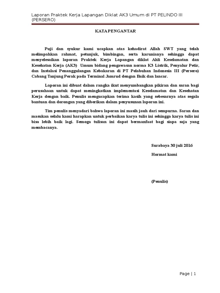 Kata Pengantar PKL AK3 Umum | PDF