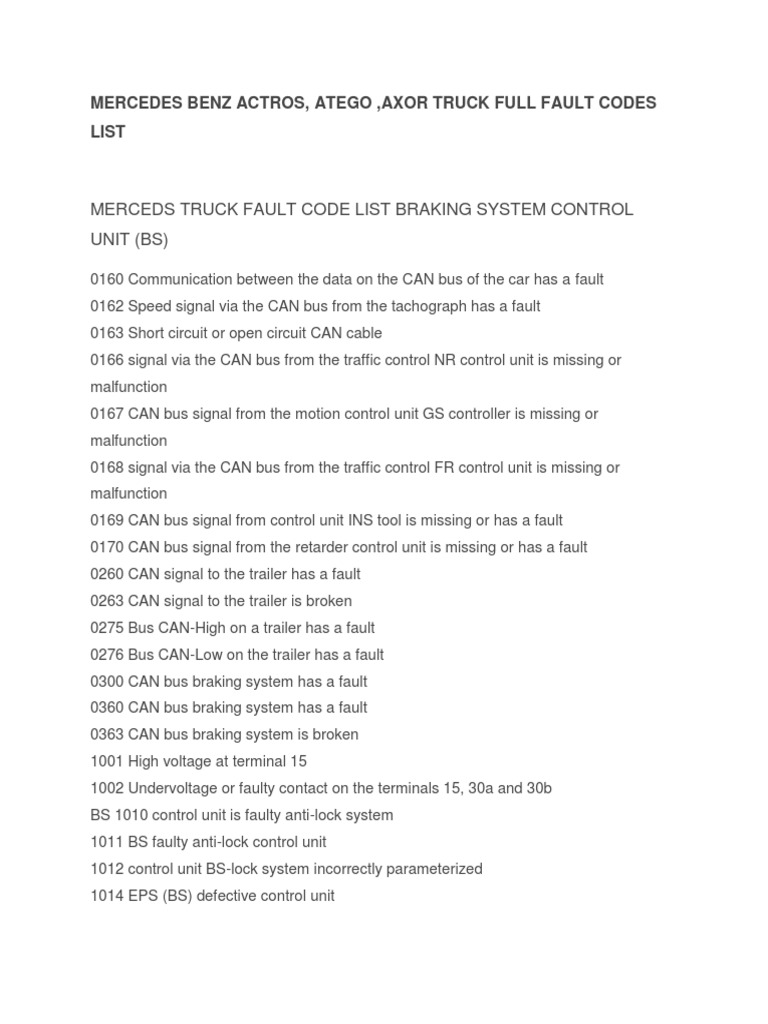 Mercedes Actros Fault Codes List | PDF | Automatic Transmission | Relay