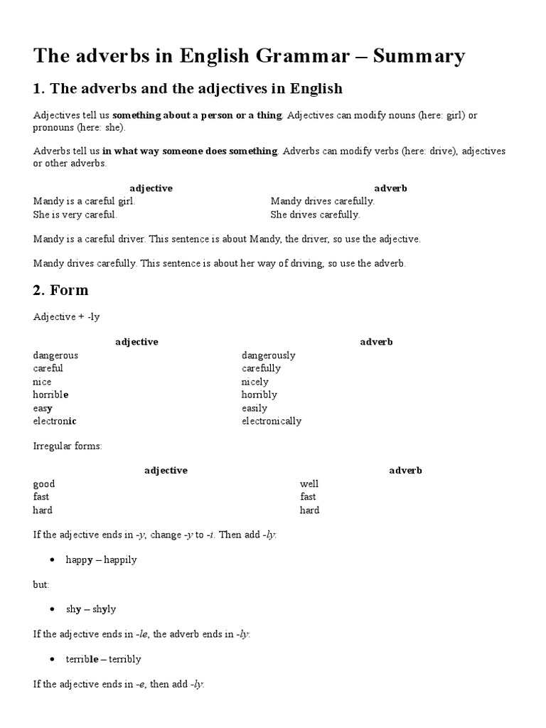 The adverbs in English Grammar – Summary (SEO | PDF | Adverb | English ...