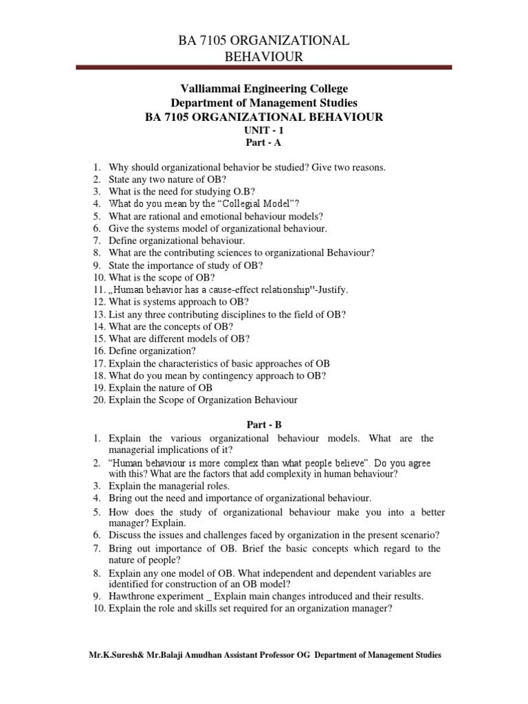 BA7105-Organizational Behaviour Question Bank Annaunivhub | PDF ...
