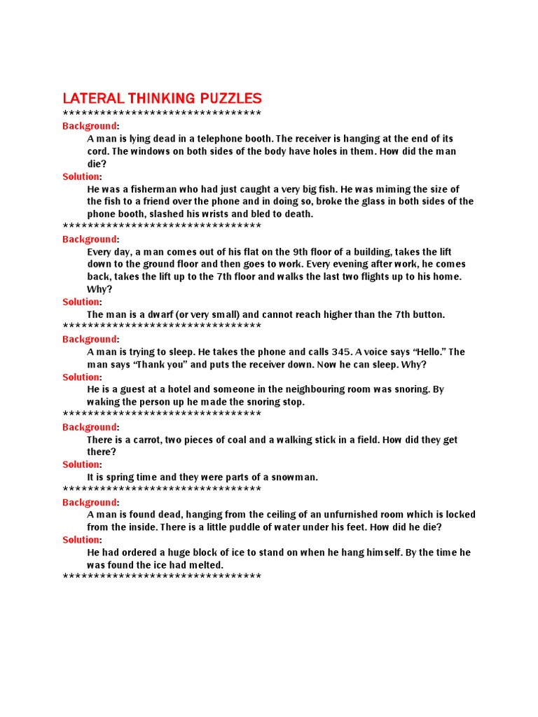 Lateral Thinking Puzzles | PDF