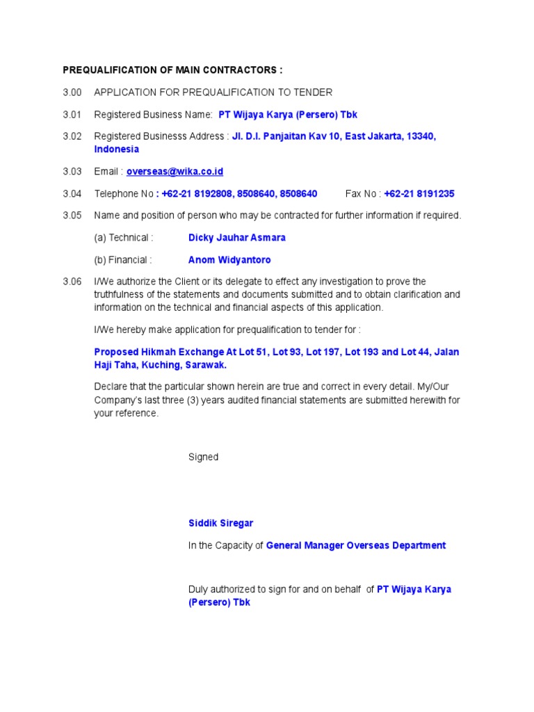 Prequalification of Main Contractors | PDF