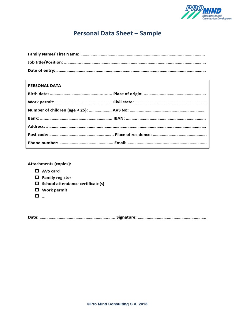 Sample Personal Data Sheet Template | PDF