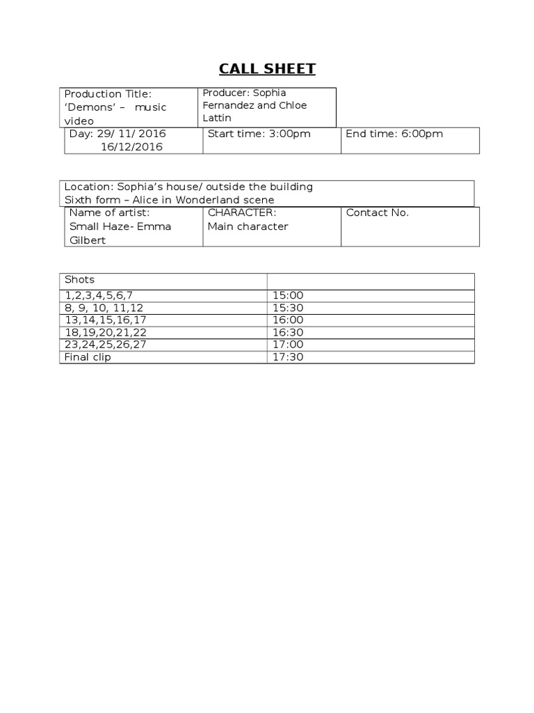 Music Video Call Sheet: 'Demons' | PDF | Art