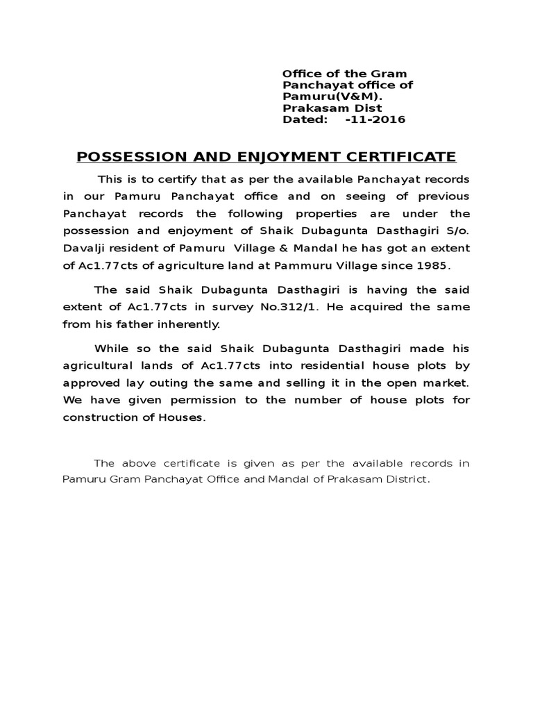 Possession and Enjoyment Certificate | PDF