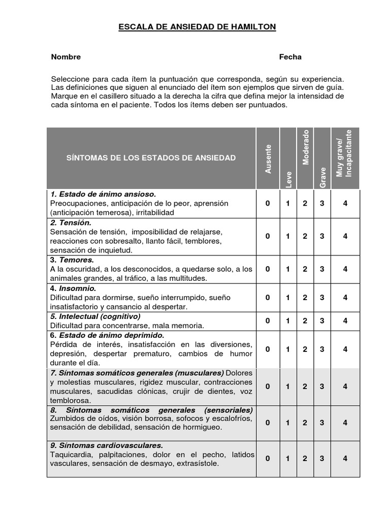 Escala de Ansiedad de Hamilton | PDF | Ansiedad | Depresión (estado de ...
