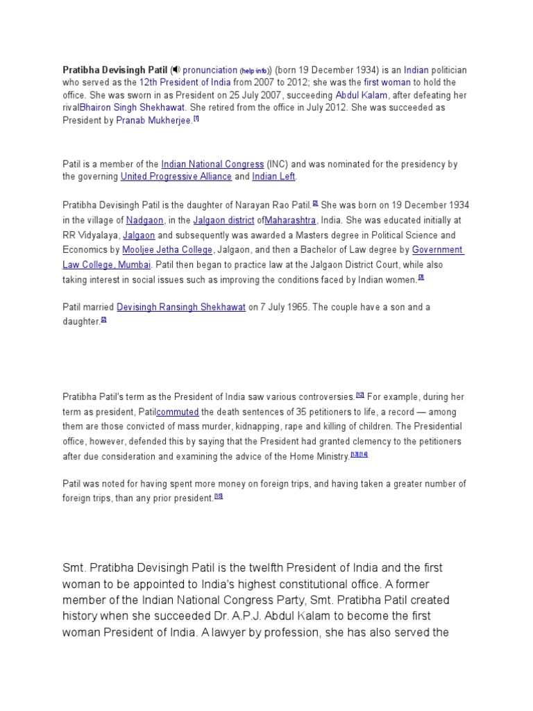 Pratibha Patil: India's First Woman President | PDF | Government