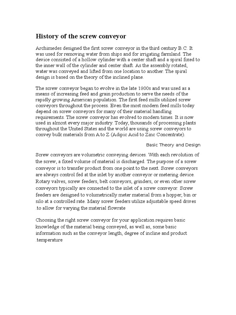 History of The Screw Conveyor | PDF