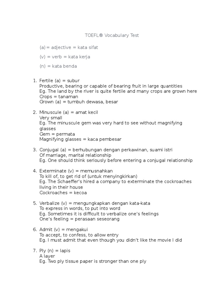 TOEFL® Vocabulary Test (A) Adjective Kata Sifat (V) Verb Kata Kerja (N ...