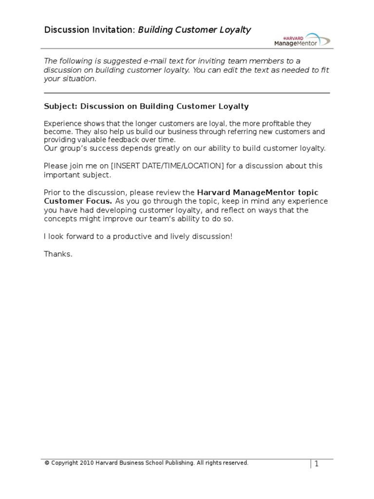 Discussion Invitation: Building Customer Loyalty | PDF