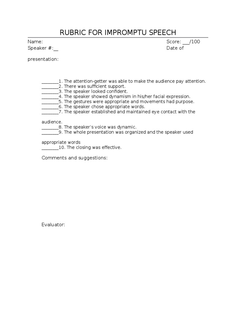 Rubric For Impromptu Speech | Download Free PDF | Human Communication ...