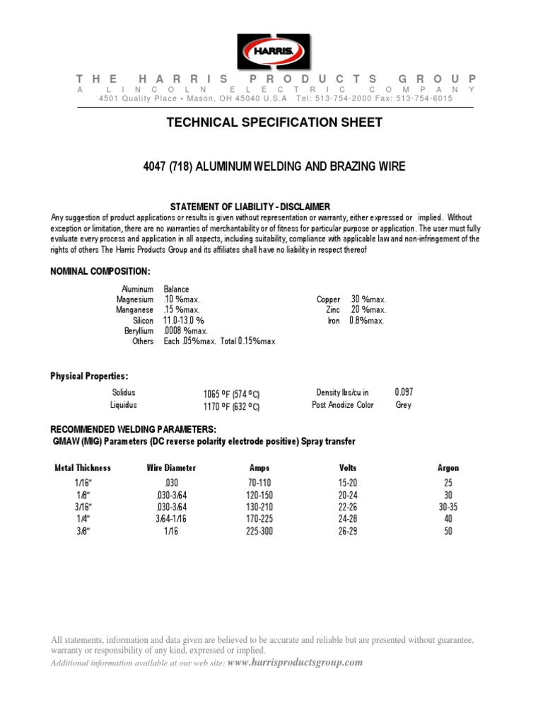 Technical Specification Sheet: 4047 (718) Aluminum Welding and Brazing ...
