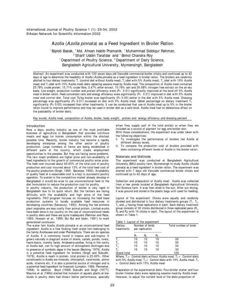 Azolla (Azolla Pinnata) As A Feed Ingredient in Broiler Ration PDF | PDF | Animal Feed | Poultry