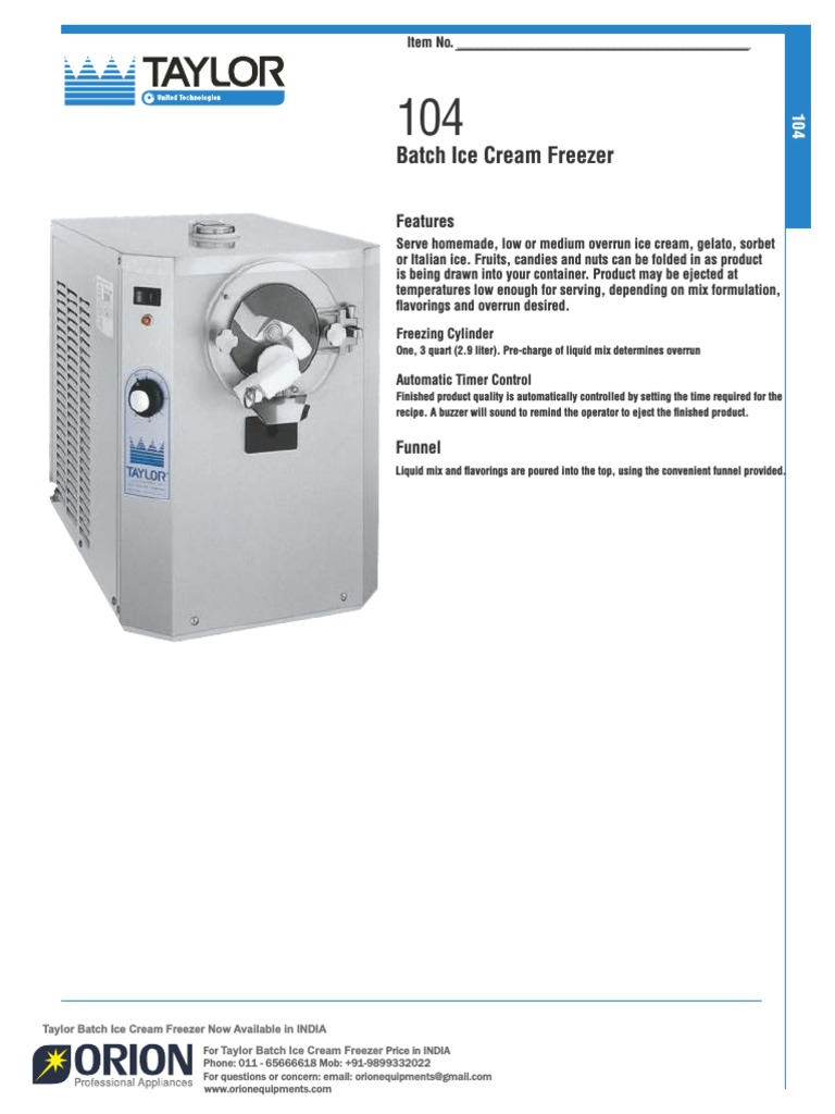 Taylor Batch Ice Cream Freezers 0104 Cost India Dealer 011-65666618 | PDF