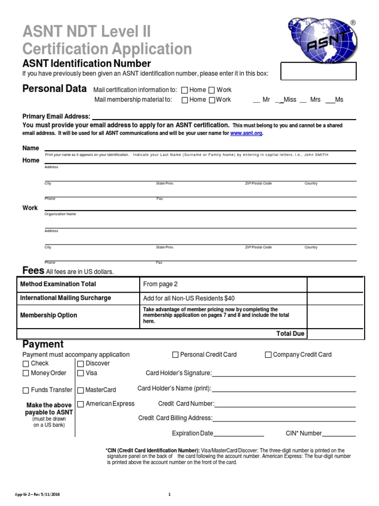 Asnt NDT Level Ii Certification Application: ASNT Identification Number ...