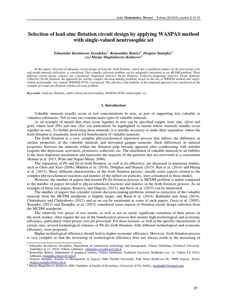 Selection of Lead-Zinc Flotation Circuit Design by Applying WASPAS Method With Single-Valued ...