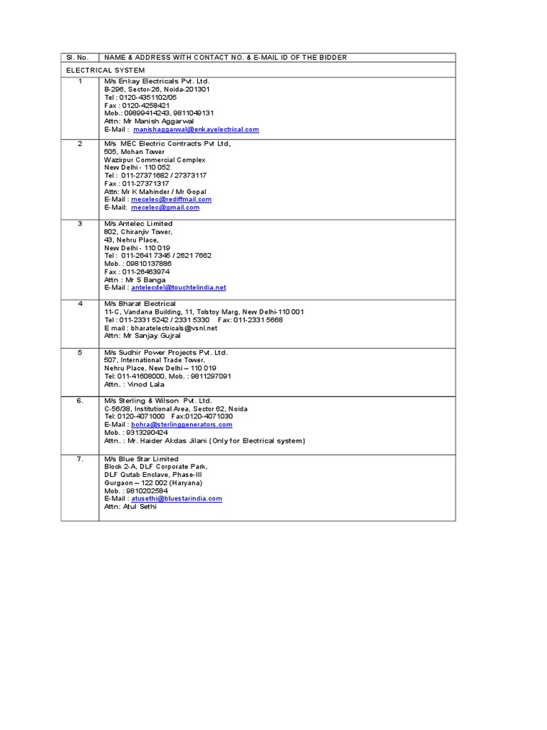 Electrical Vendor Address List | PDF