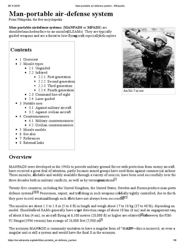 Man Portable Air Defense System Wikipedia Pdf Military Technology Aviation