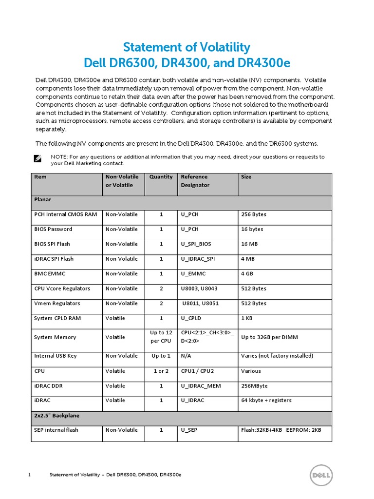 Dell DR Series System - Statement of Volatility | PDF | Flash Memory | Bios