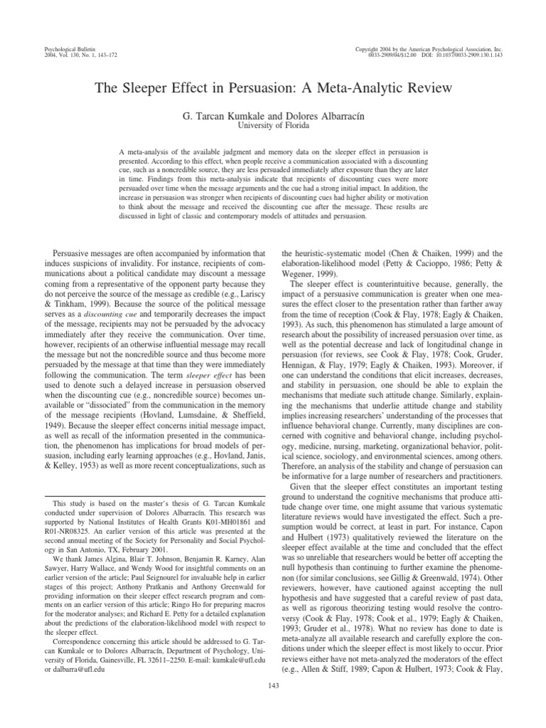 The Sleeper Effect in Persuasion: A Meta-Analytic Review: G. Tarcan ...