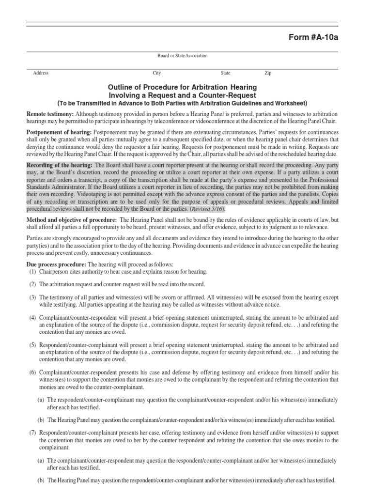 Outline of Procedure For Arbitration Hearing Involving A Request and A ...