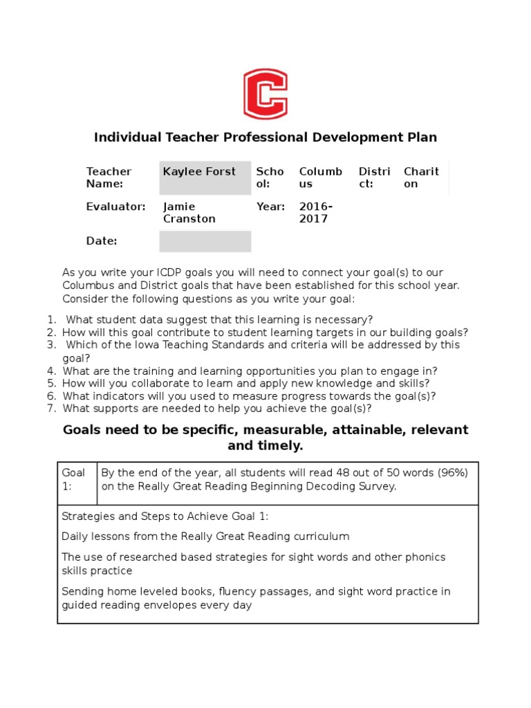 Individual Teacher Professional Development Plan | PDF