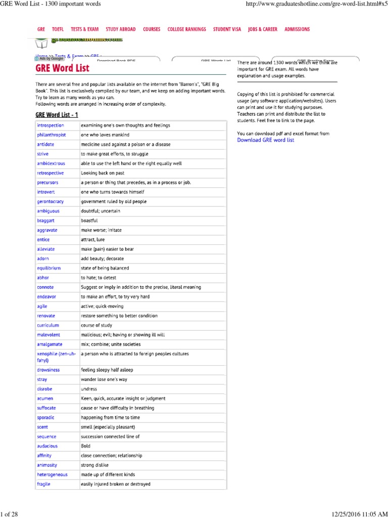 GRE Word List - 1300 Important Words