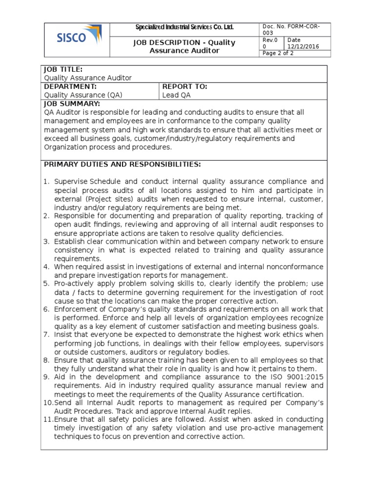 ISO 9001 Quality Auditor Job Description | PDF | Quality Assurance ...