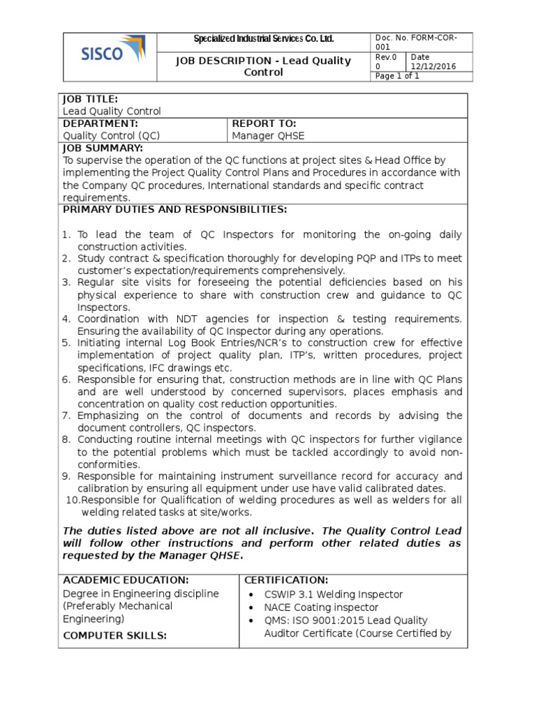 Specialized Industrial Services Co. Ltd. JOB DESCRIPTION - Lead Quality ...