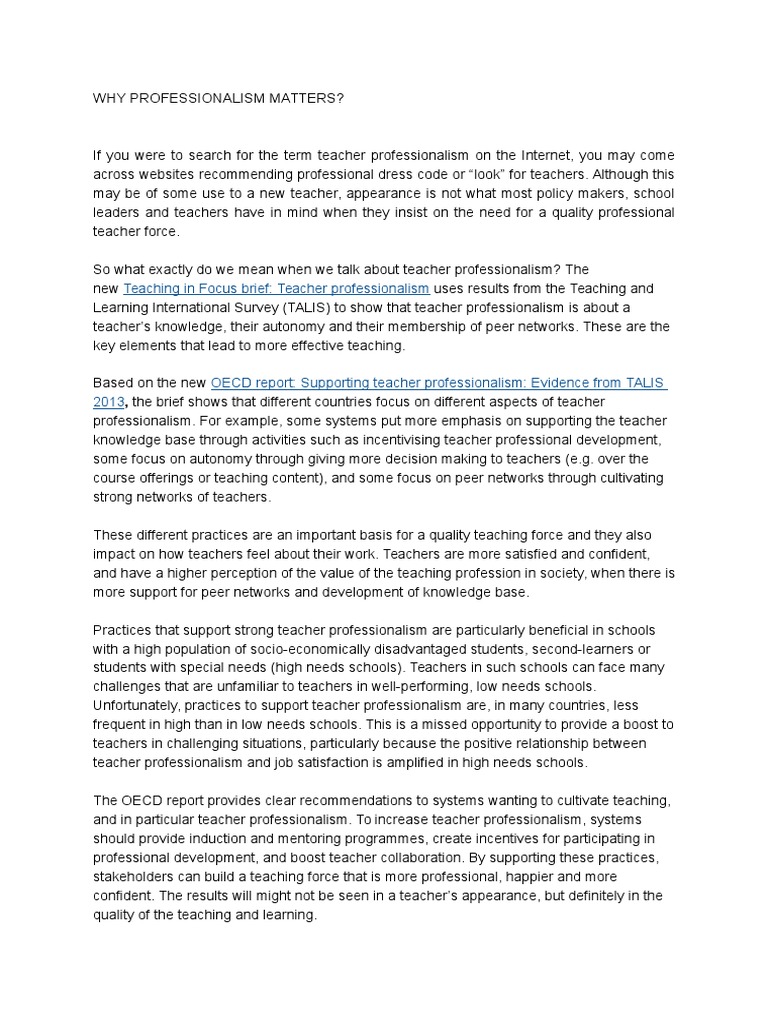 Teaching in Focus Brief: Teacher Professionalism | PDF | Mentorship ...