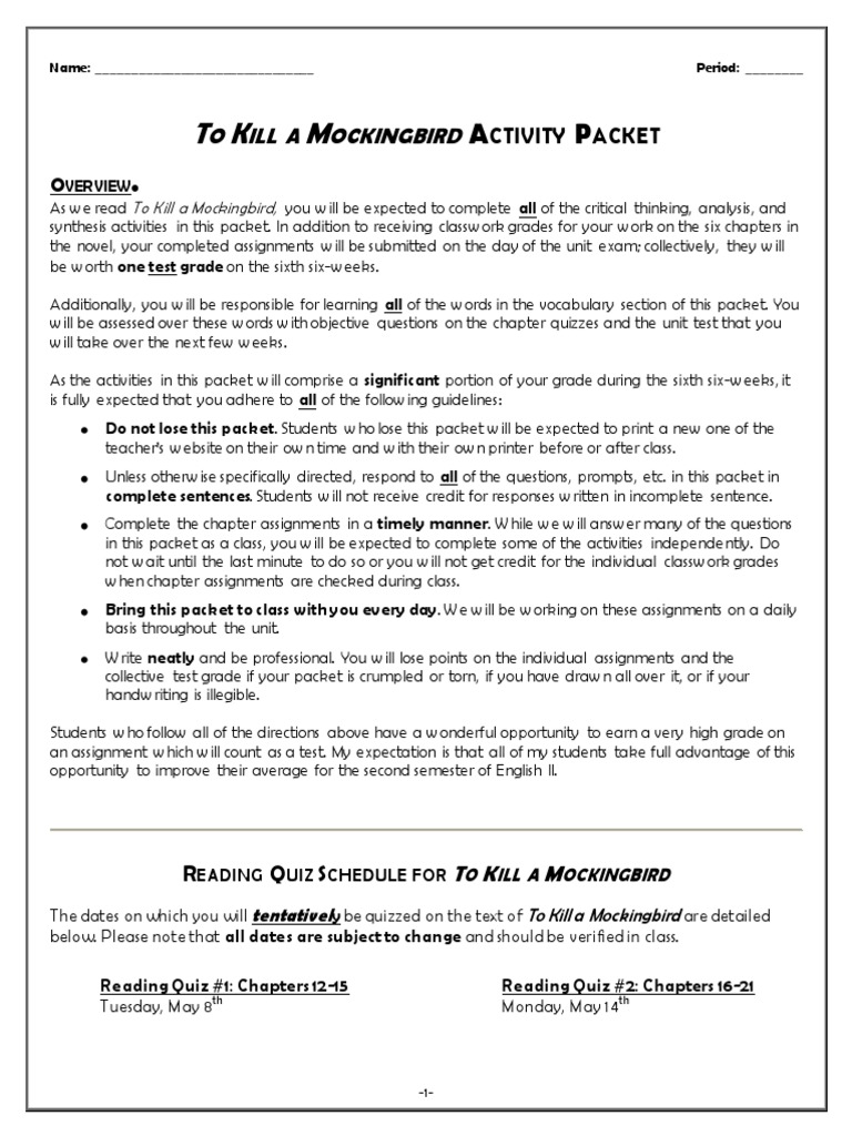 To Kill A Mockingbird Activity Packet 2012 PDF | PDF | To Kill A ...