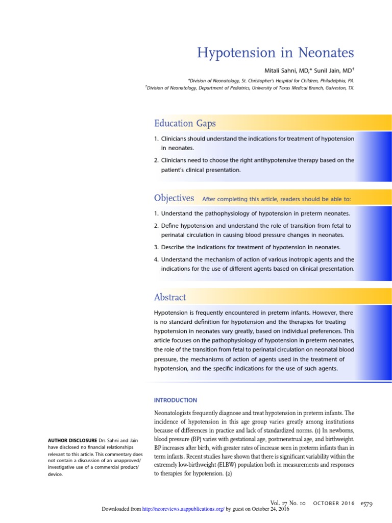 Hypotension in Neonates PDF | PDF
