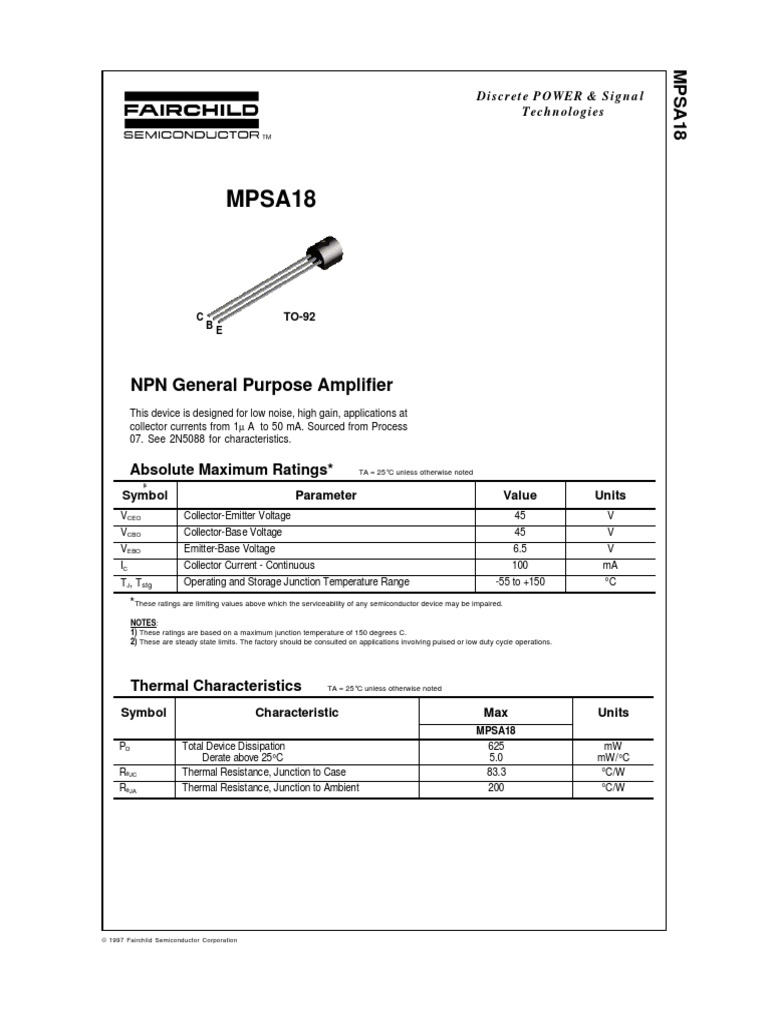 MPSA18 NPN Amplifier Specifications | PDF | Technology & Engineering