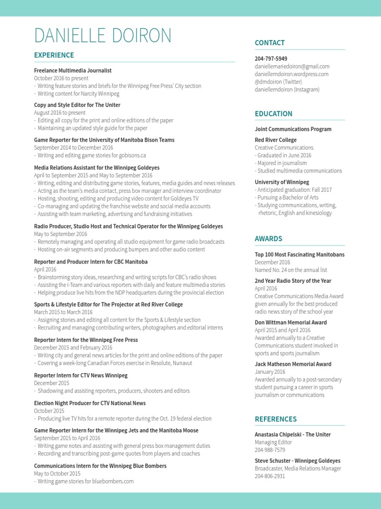 Danielle Doiron Resume | PDF | Editing | Manitoba