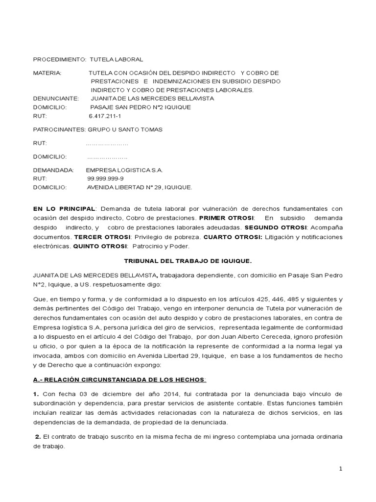 Modelo de Demanda 1. Tutela Laboral (1) | Derecho Constitucional | Derecho laboral
