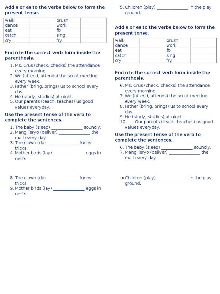 Add S or Es To The Verbs Below To Form The Present Tense | PDF
