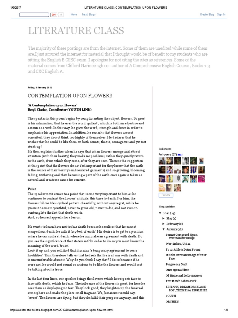 Literature Class - Contemplation Upon Flowers | PDF | Irony | Poetry