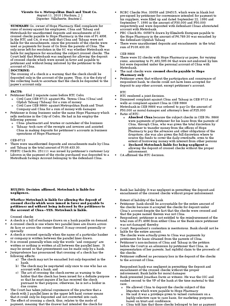 Vicente Go v. Metropolitan Bank and Trust Co | PDF | Cheque | Payments